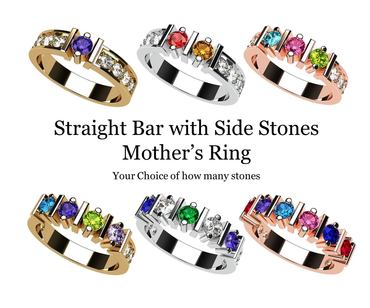 Central Diamond Center Straight Bar w/Side CZs Mothers Ring with 1-6 Simulated Birthstones - Solid Sterling Silver - Size 8