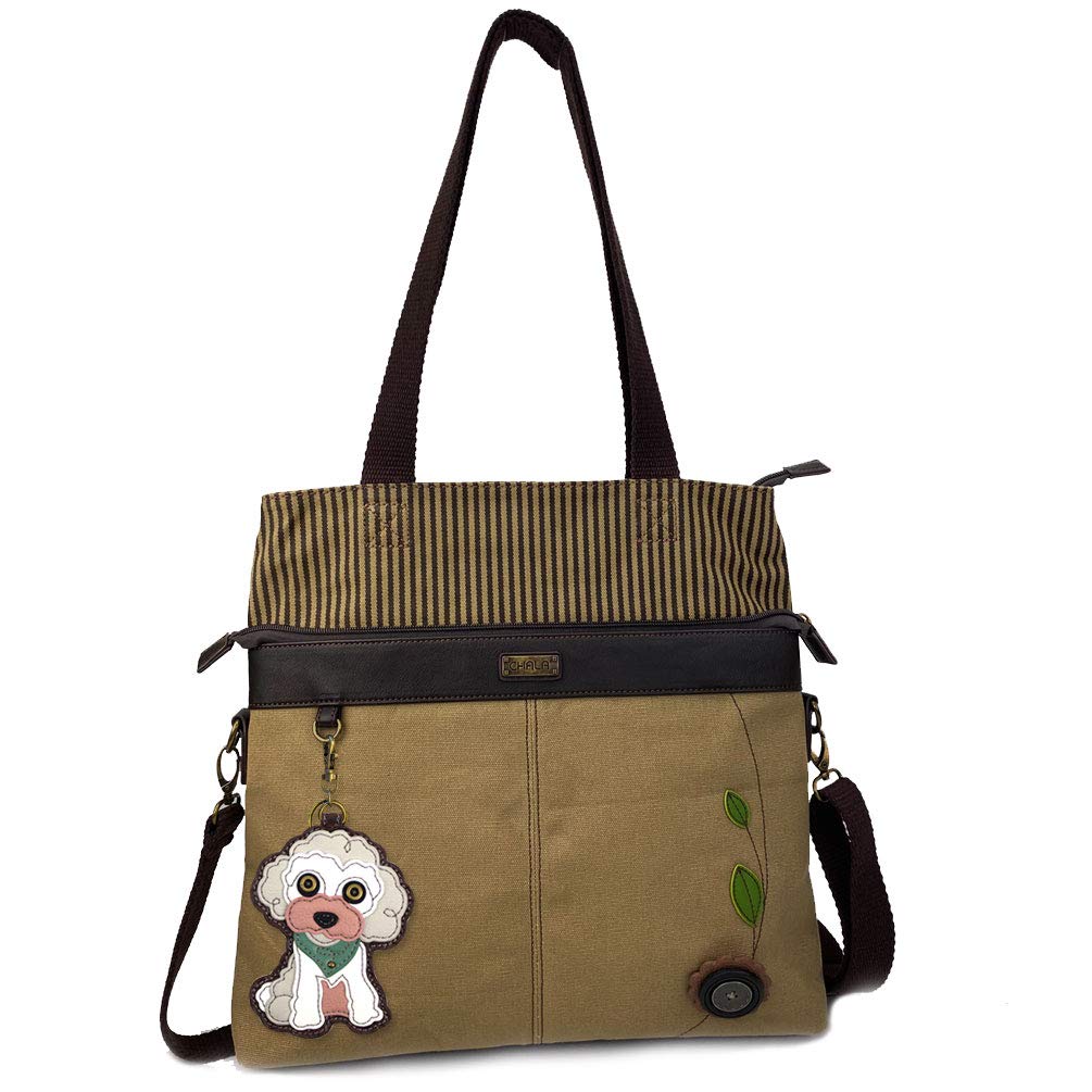 CHALA Canvas Convertible Stripe Work Tote with Chala Key-Fob in Light Olive (Poodle Coin Purse)