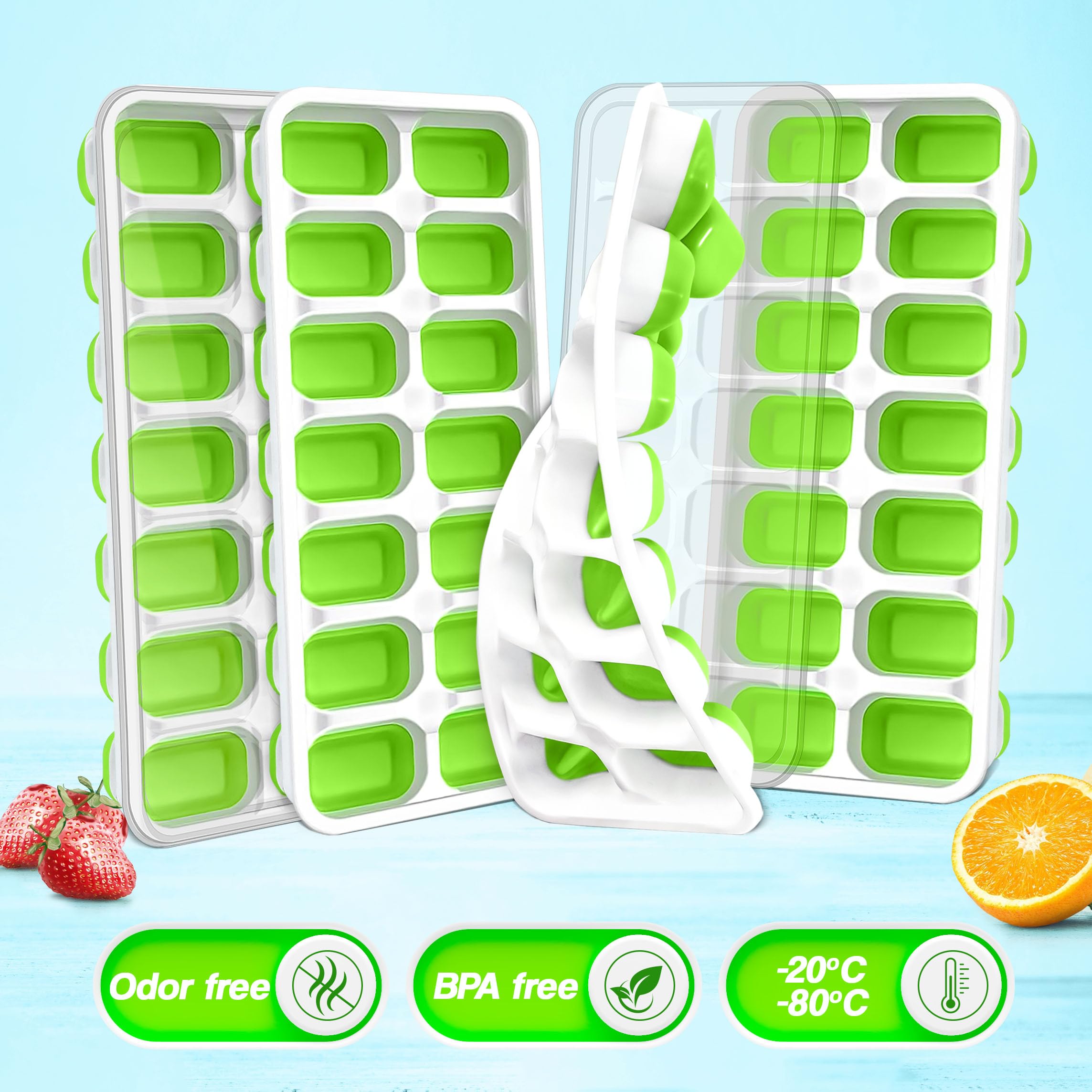 CKE Ice Cube Tray with Lid, 4 Pack Easy-Release 56 pcs Stackable Ice Molds, Plastic Silicone Ice Cube Trays for Freezer with Spill Resistant Removable Lid for Cocktail, Baby Food, Coffee