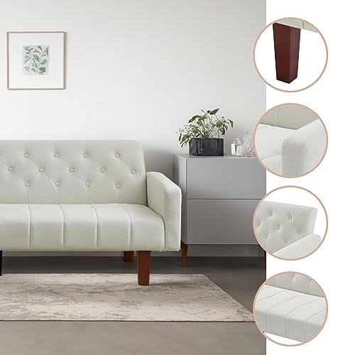 Fangflower Beige Tufted Back Sofa Bed Mid-Century Convertible Sleeper Futon with Tapered Wood Legs for Living Room Apartment Lounge