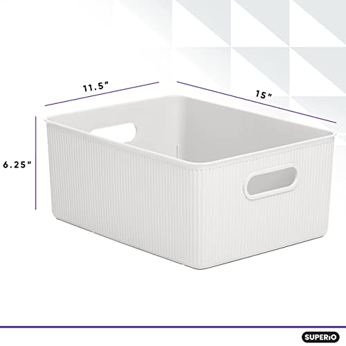 Superio Ribbed Collection - Decorative Plastic Open Home Storage Bins Organizer Baskets, Large White (6 Pack) Container Boxes for Organizing Closet Shelves Drawer Shelf 15 Liter/16 Quart