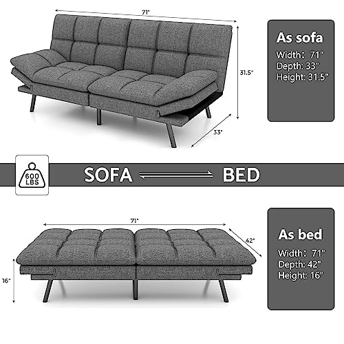 Fangflower Futon Sofa Bed, Fabric Memory Foam Couch, Foldable Convertible Sleeper Loveseat, Daybed for Living Room, Dark Grey