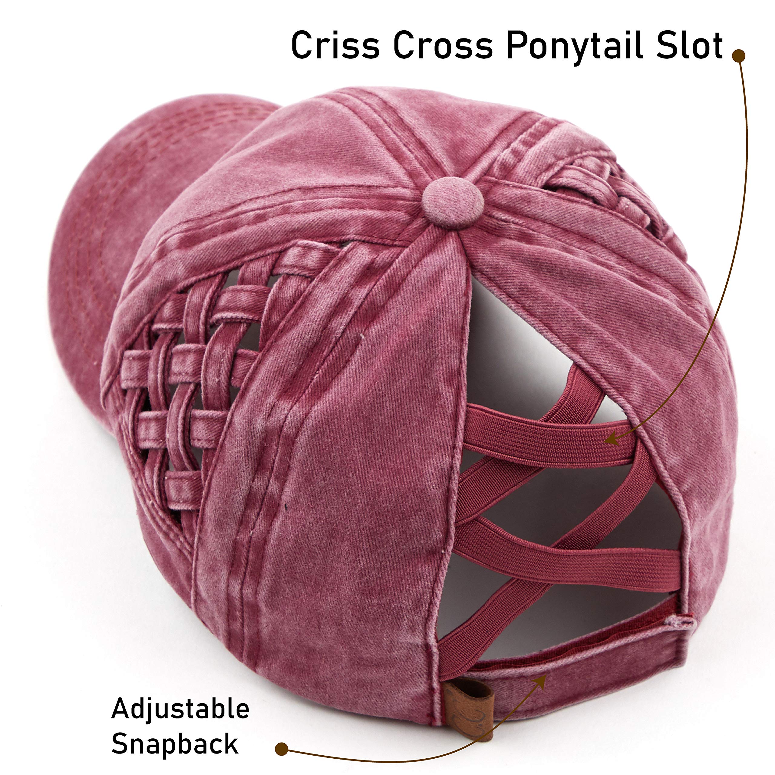 C.C Exclusives Washed Cotton Denim Basket Weave Criss-Cross Ponytail Baseball Cap Bundle Hair Tie (BT-922) (Coral)