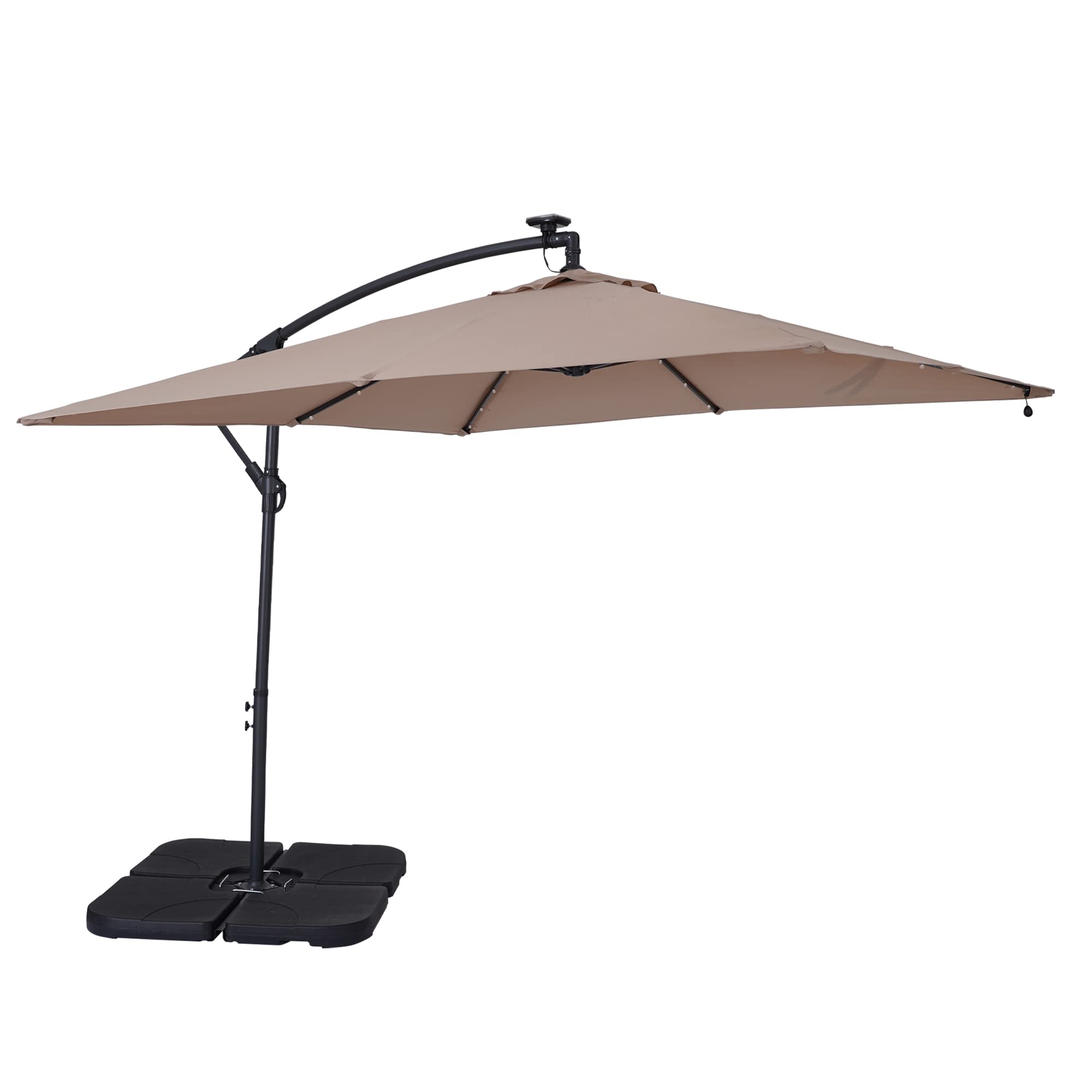 CASAINC 8.3FT Solar LED Patio Umbrella Offset Hanging Outdoor Umbrella with Base for Market Lawn Graden Backyard Balcony, Crank/Tilt, Multi Angle Adjustment-Beige