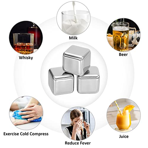 EooCoo Whiskey Stones Set, 4 Golden and 4 Silver Stainless Steel Chilling Ice Cubes Reusable for Whiskey Wine Beverage, Gift for Wedding Father's Day Anniversary Birthday Party Holiday