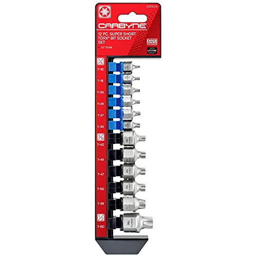 CARBYNE Super Short Low Profile Torx Bit Socket Set - 12 Pieces | T-10 to T-60 Sizes, Internal Square Drive & External Hex Drive • From a Family-Run Tool Company Based in the U.S.A.