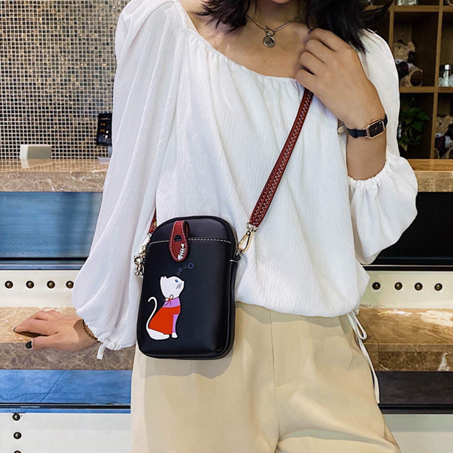 Small Crossbody Phone Bag for Women Leather Cute Cat Cellphone Purse Shoulder Bags PU Wallet (Black)