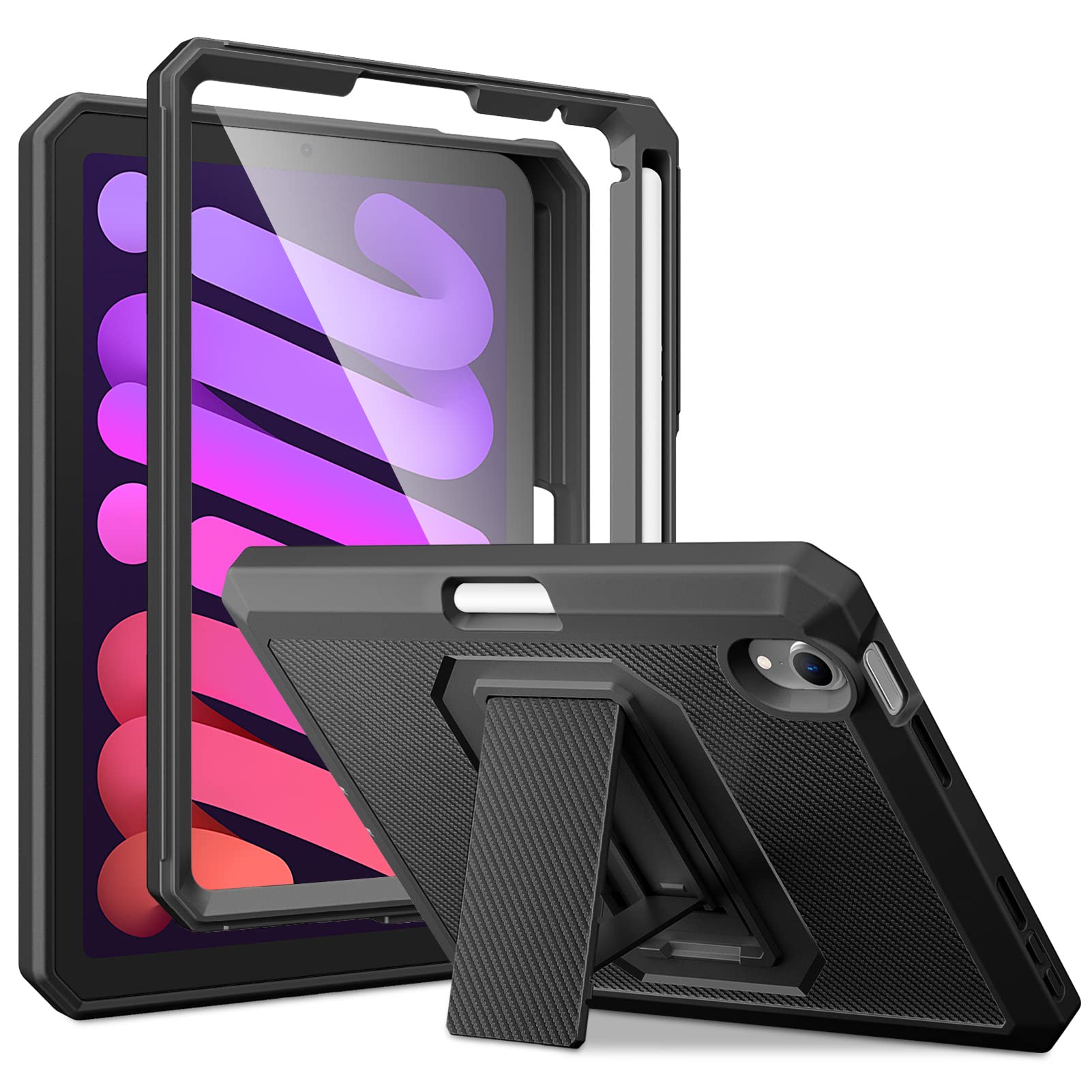 DTTO Shockproof Case for iPad Mini 6 2021, Dual Layer Full Body Tough Rugged Stand Cover Case, Built-in Screen Protector and Pencil Holder for iPad Mini 6 8.3 inch 2021 Release, Deep Black