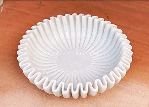 SWADESHI BLESSINGS HandCrafted Marble Ruffle Bowl/Antique Scallop Bowl/Fruit Bowl/Vintage Ring Dish/Decorative Flower Bowl/HouseWarming Gift/Wedding Gifts/Urli (7 Inches)