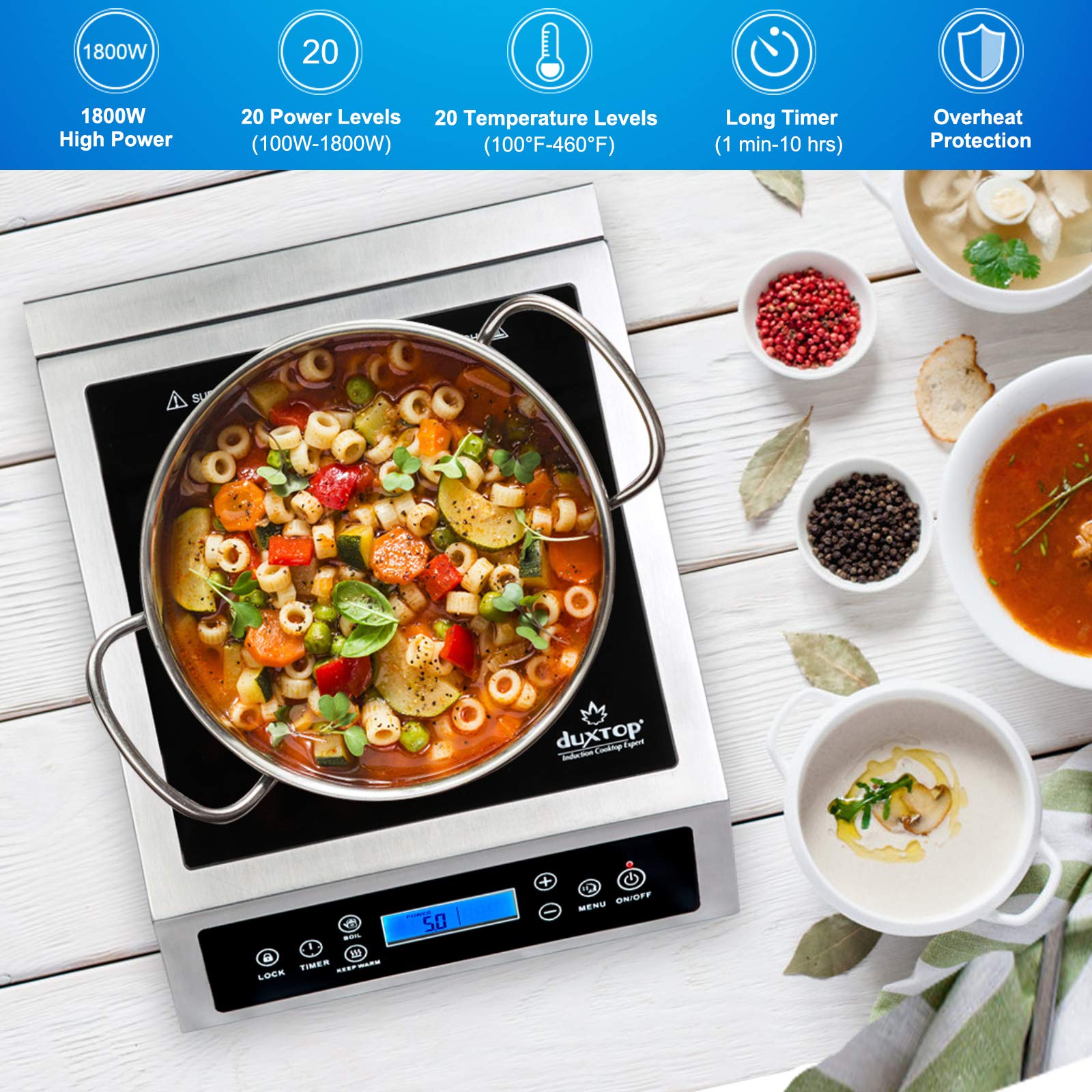 Duxtop Professional Portable Induction Cooktop, Commercial Range Countertop Burner & Professional Stainless Steel Pasta Pot with Strainer Insert, 4PC Multipots Includes Pasta Pot & Steamer Pot, 8.6Qt