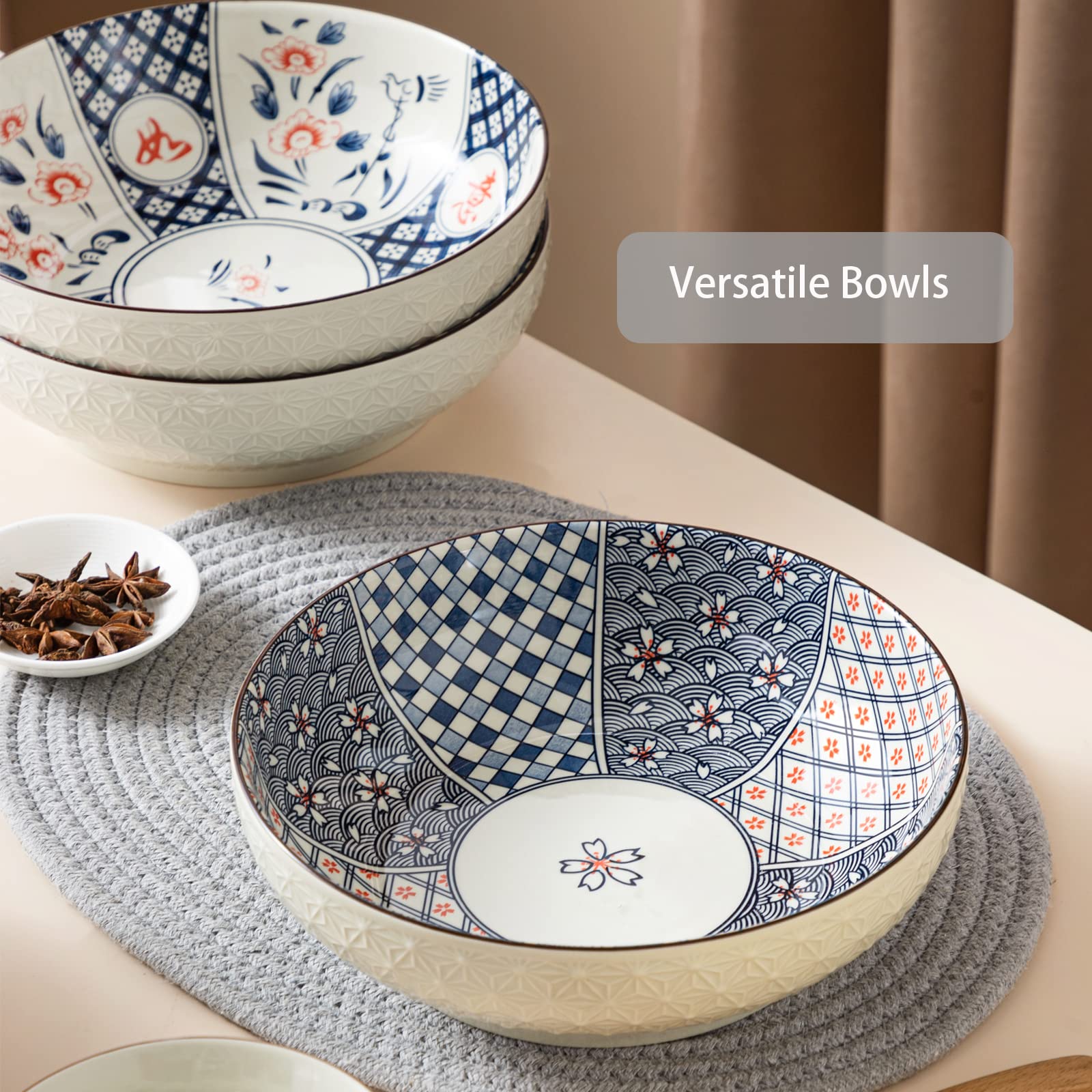 Ceramic Pasta Bowls,9.25 inch Large Salad Bowls,deep 2.76inch,72oz,Set of 3,Microwave and Oven Safe,Dishwarebowls for Serving Dinner, Salad, Soup, Oatmeal, Mix-Match Pattern, Gift