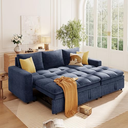 FUQIAOTEC L-Shaped Pull Out Sofa Couch with Reversible Chaise, Polyester Upholstered Sectional Storage Sleeper Sofa Bed, 89" W 3-Seater Blue Modular Fabric Sofa