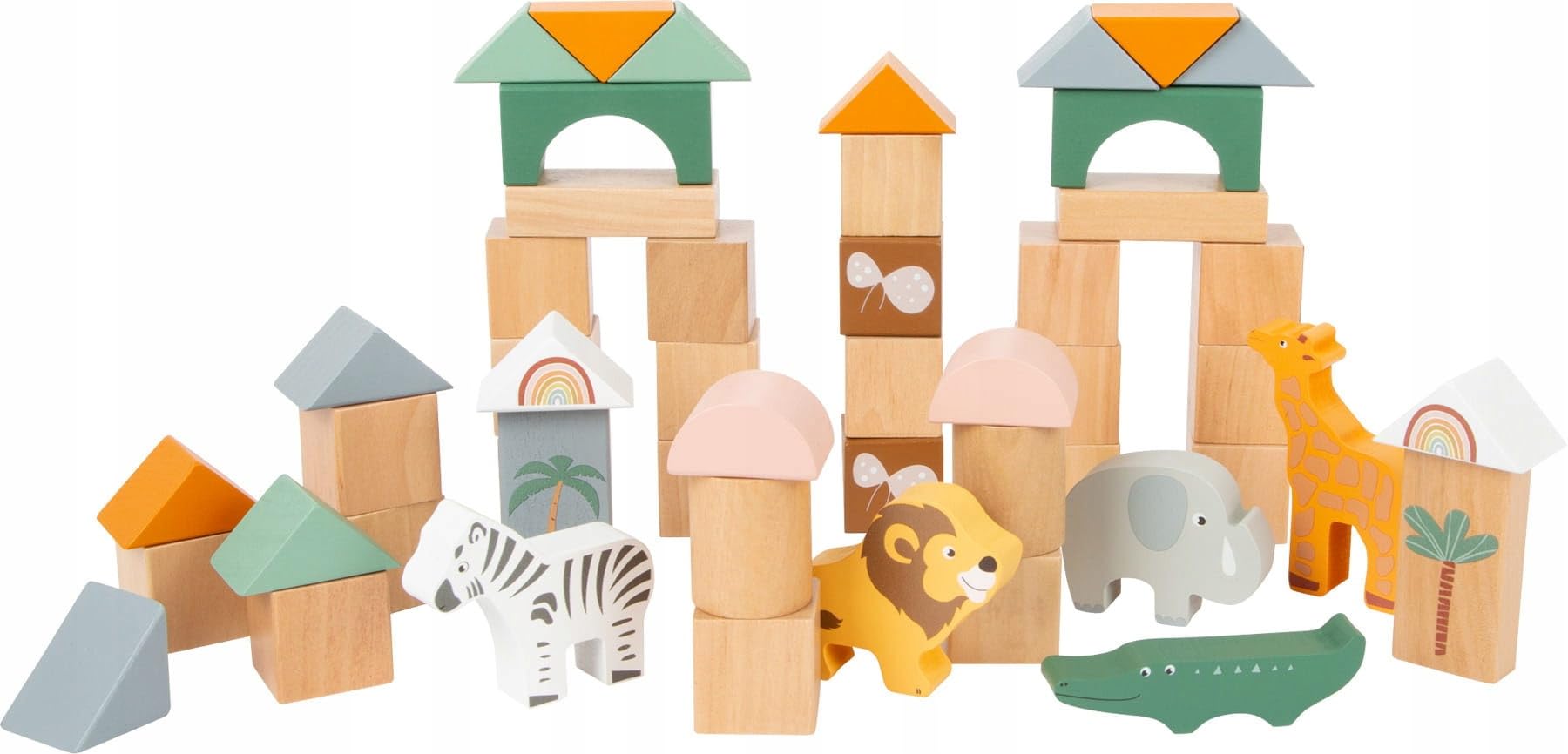 Small Foot- 50 Wooden Building Block Safari Playset- Stacking Toys for Boys and Girls Ages 12+ Months-Montessori-Perfect for Birthdays and Holidays, 7.5 x 6.4 x 7.5