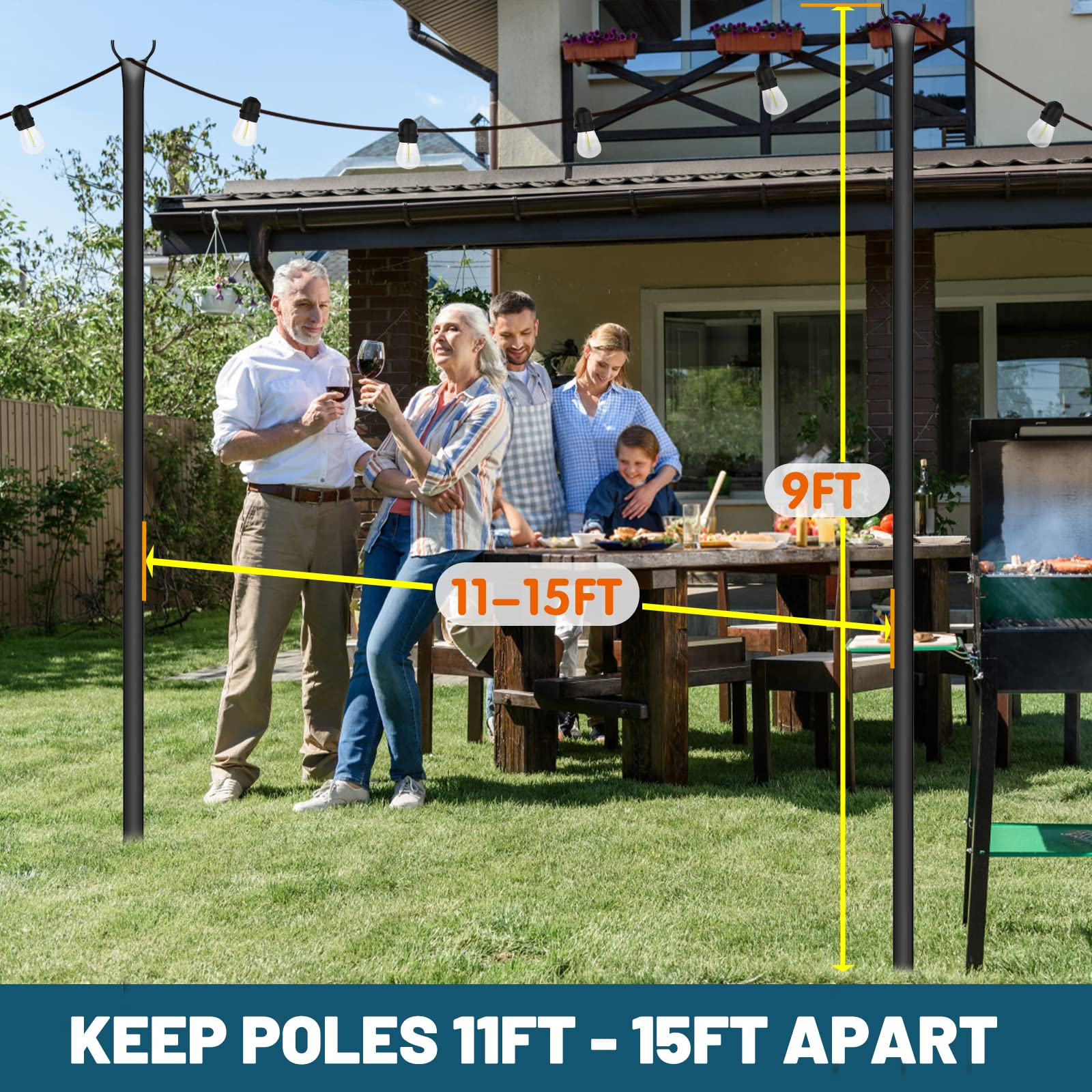Slsy String Light Poles Stand for Outside, 5 Prong Fork Backyard Outdoor Lights Pole, Poles Stand for Patio, Garden, Christmas, Yard. (9 FT x 30 mm)