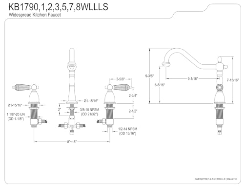 Kingston Brass KB1791WLLLS 8" to 16" Widespread Kitchen Faucet Less Sprayer, 8-1/4" in Spout Reach, Chrome