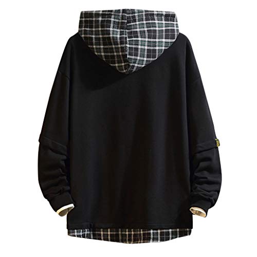 Thenlian Men's Casual Fashion Plaid Patchwork Hoodie Long Sleeves Sweatershirt Tops(XXXXL, Black)