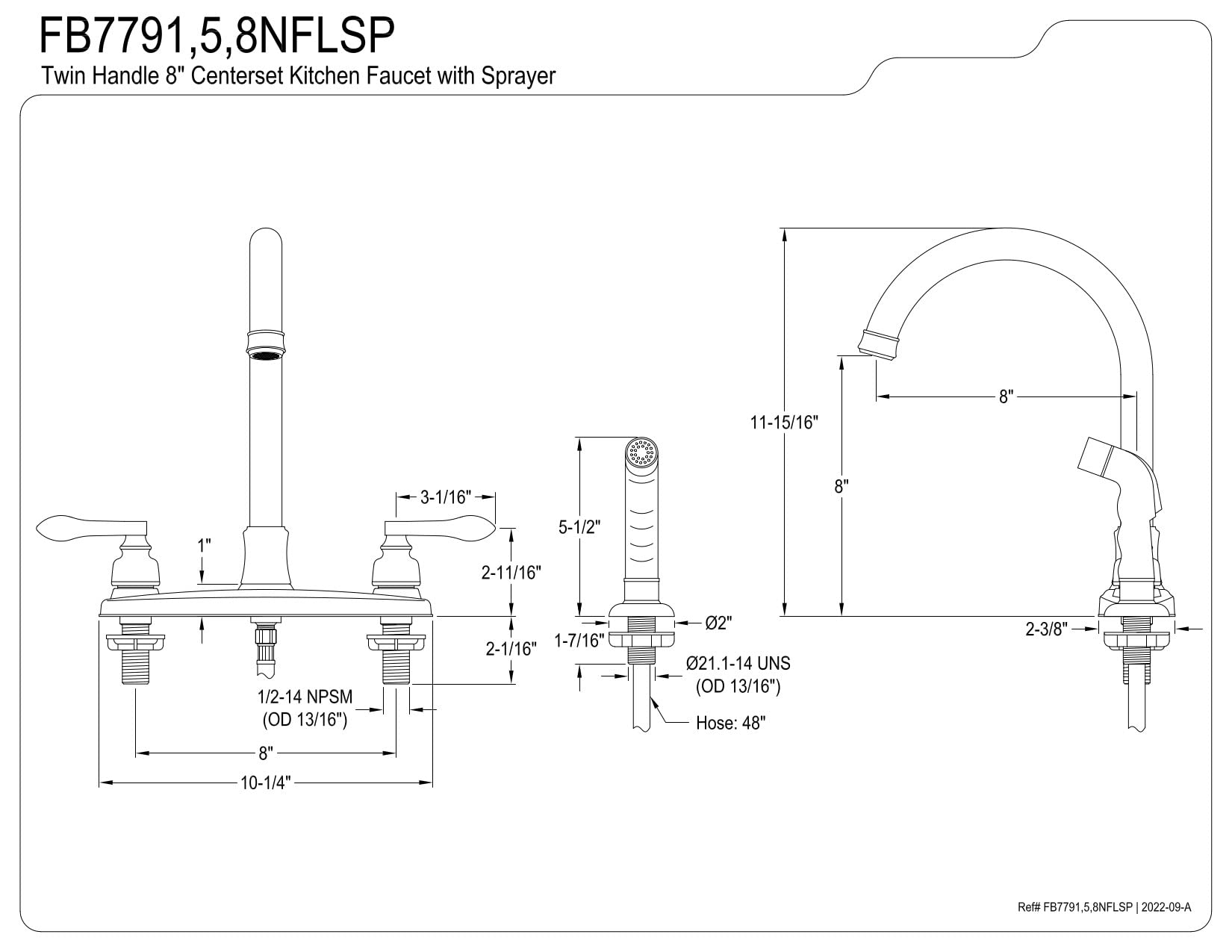 Kingston Brass FB7798NFLSP NuWave French 8" Centerset Kitchen Faucet, Brushed Nickel