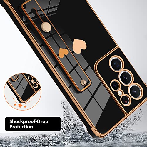 KANGHAR Designed for Samsung Galaxy S21 Ultra Case with Strap Luxury Love Heart Plating Gold Bumper Phone Cover Wristband Kickstand Full Body Protective Slim Case for Women - Black
