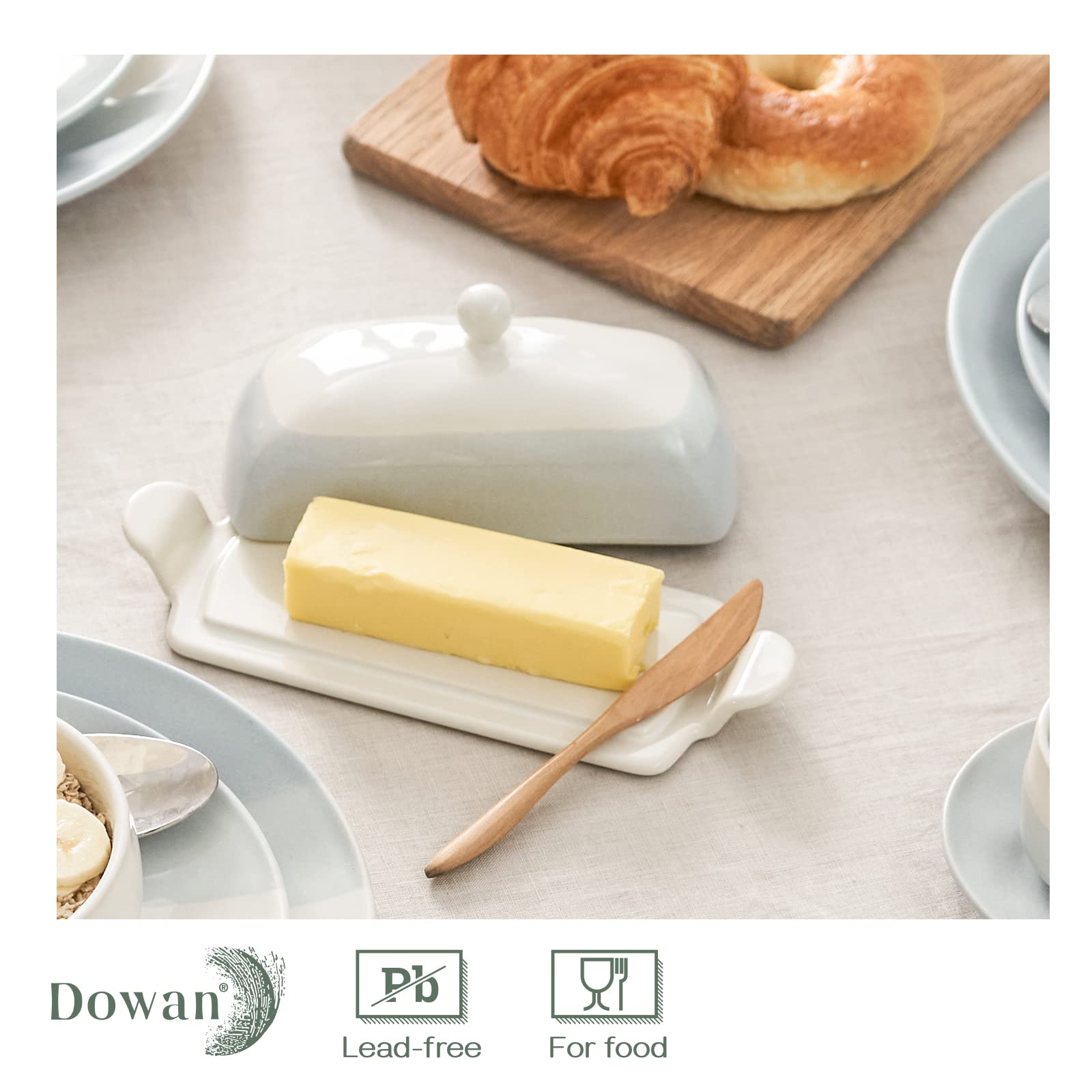 DOWAN Butter Dish, Ceramic Butter Keeper for Countertop, 8.6 inch Butter Holder with Handle Cover, for Home Kitchen Decor, Butter Container Perfect for East West Coast Butter, Light Blue & White
