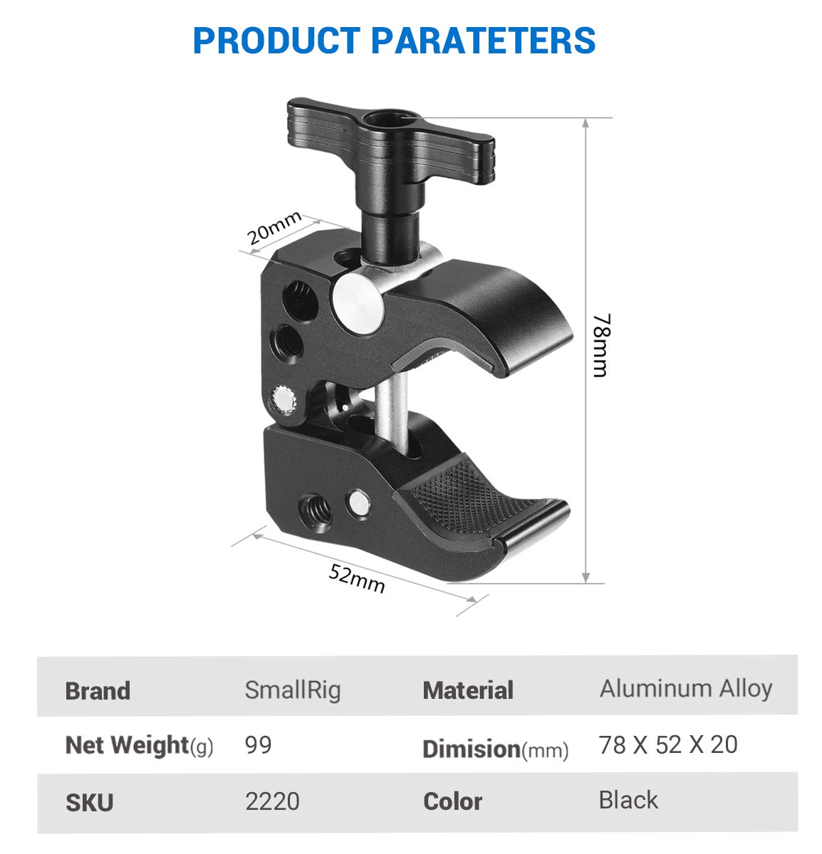 SMALLRIG Super Clamp with 1/4拻 Thread Holes, 3/8拻 Locating Pin for ARRI Standard, T-Shaped Wingnut and Rubber Pads