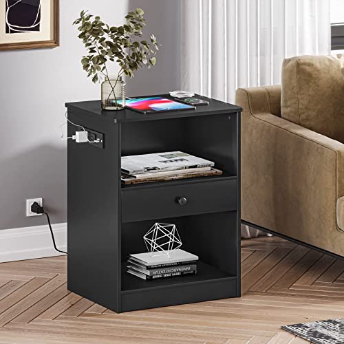 EPHEX Set of 2 Nightstand with Charging Station and Drawer, End Side Table with USB Ports & Power Outlet, Bedside Table Storage Cabinet with 2 Open Drawers for Bedroom, Black