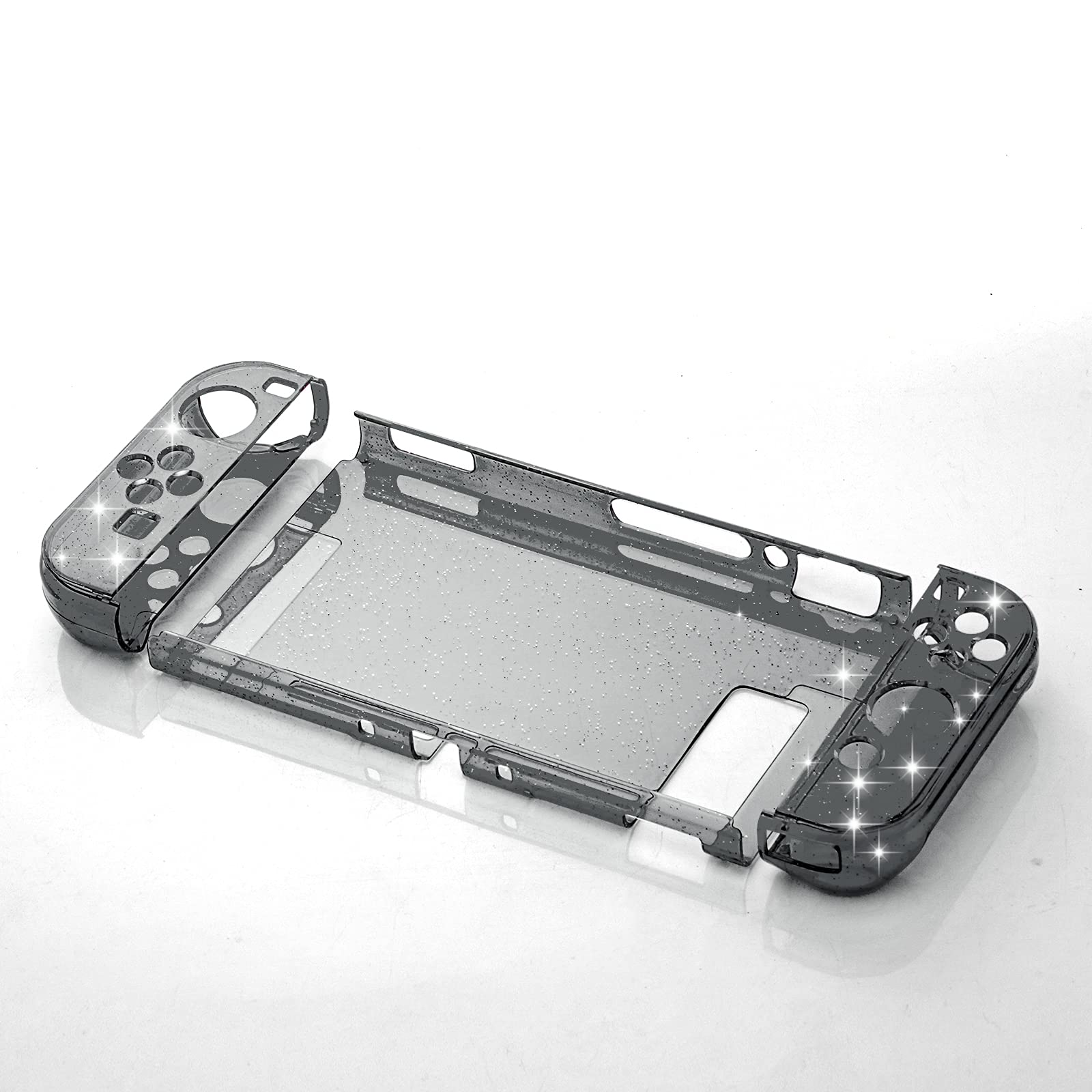 Switch Glitter Case, Switch Protective Case with Tempered Glass Screen Protector and Thumb Grip Caps - Black