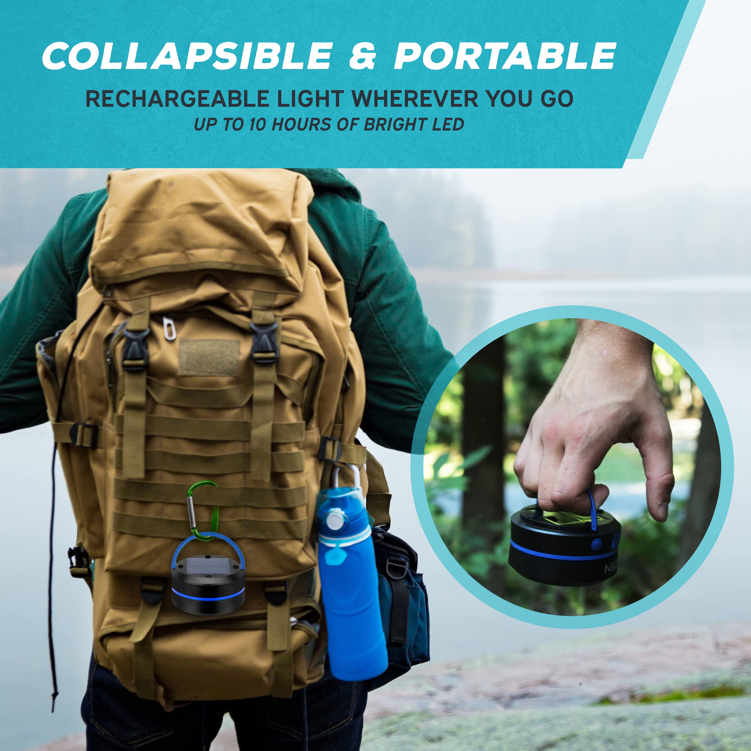 KIZEN Solar Camping Lantern - LED Lanterns for Power Outages, Camping Lights, Emergency Flashlight - Collapsible Lamp, Rechargeable W/ Solar or Plug