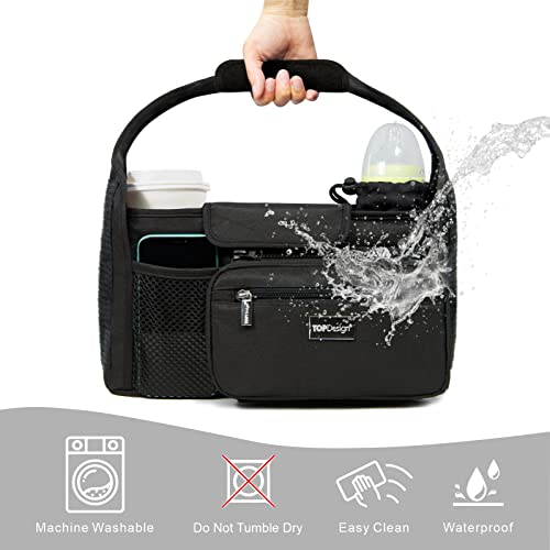TOPDesign Universal Baby Stroller Organizer, Stroller Caddy with Heightened Insulated Cup Holders & Non-Slip Secure Hooks Accessories, Fits Most Strollers, Machine Washable (Black)