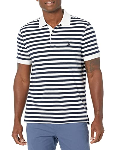 Nautica Men's Classic Fit 100% Cotton Soft Short Sleeve Stripe Polo Shirt, Bright White, X-Large