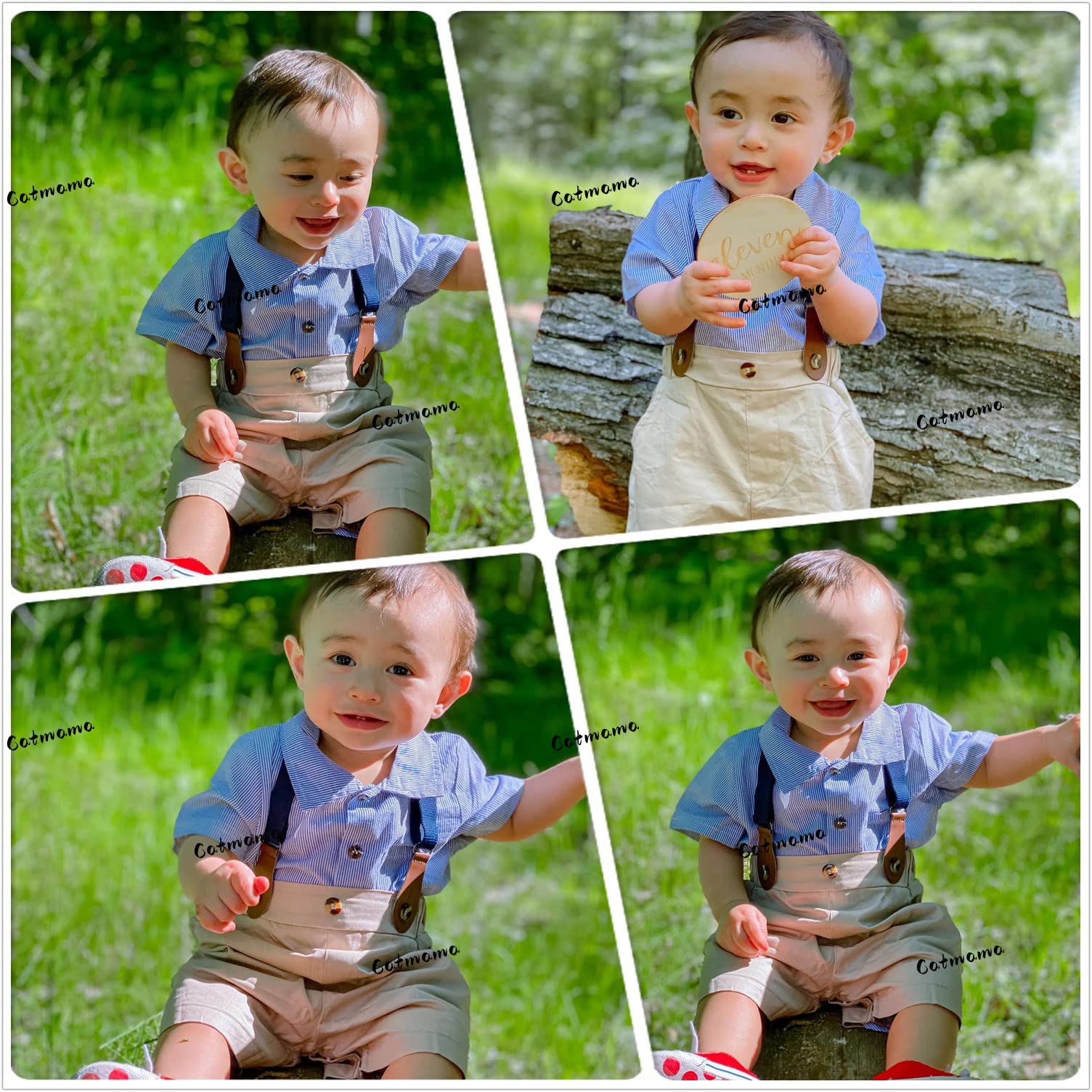 MOMMY'S NEW MAN Baby Toddler Boy Gentleman Short Shirt with Bowtie+Suspender Pants (12-18 Months, Blue)