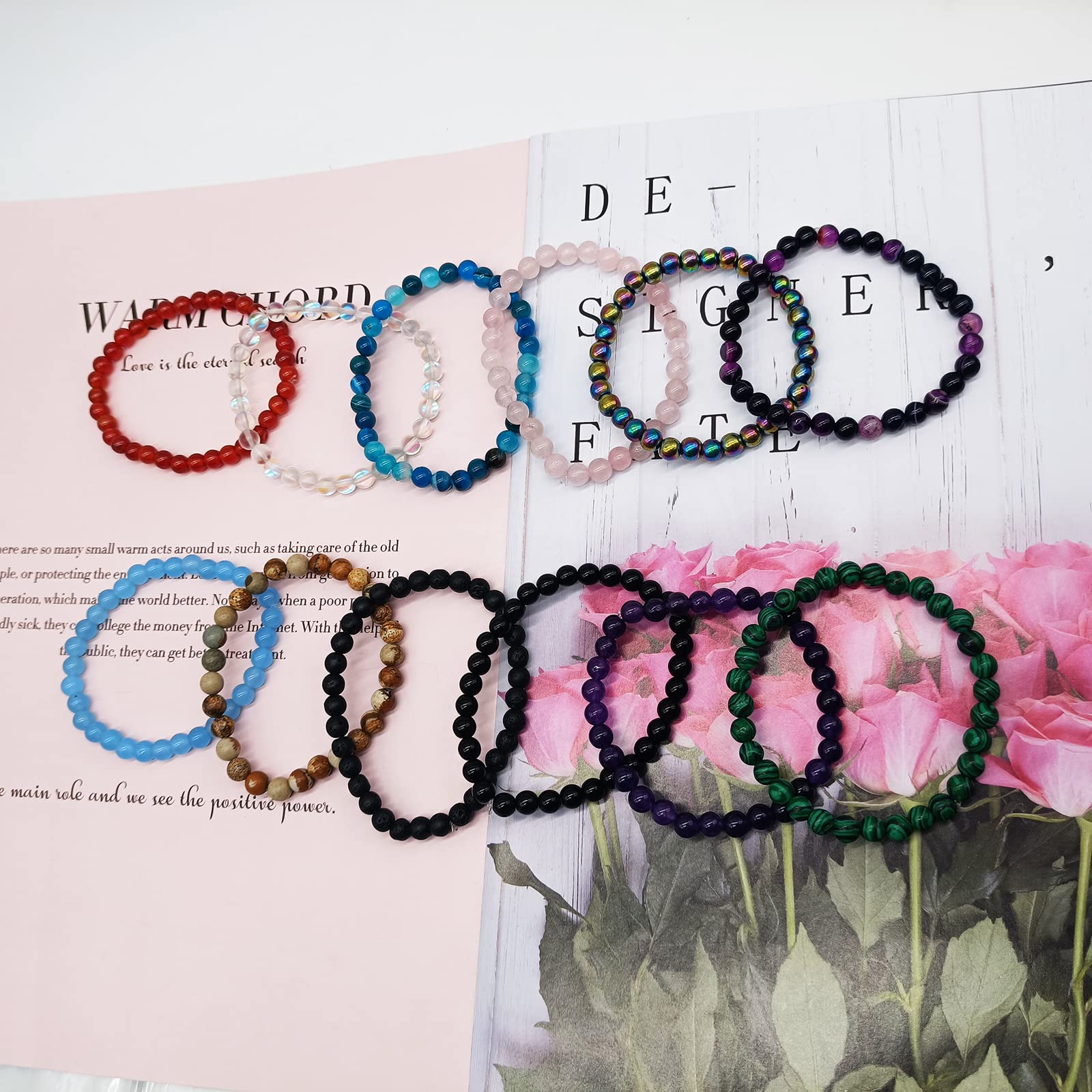 CASDAN 12Pcs 6mm Gemstone Beaded Bracelets for Women Tiny Crushed Stone Crystal Bracelet Beaded Couples Stretch Unisex Stretch Bracelets Jewelry