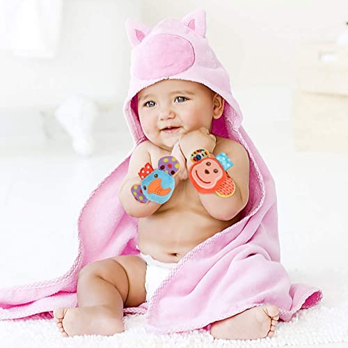 ThinkMax Wrist Foot Rattles for Baby, 8 Pcs Soft Animal Wrist Rattles and Foot Finder Socks - Elephant, Monkey, Piggy and Puppy