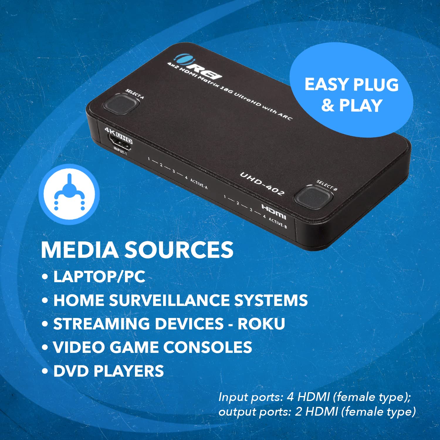 OREI 4K HDMI Matrix Switch 4 X 2, Switcher 18G UltraHD with Arc Supports upto 4K @ 60Hz & 1080P IR Remote Control - Full Matrix Selection (UHD-402)