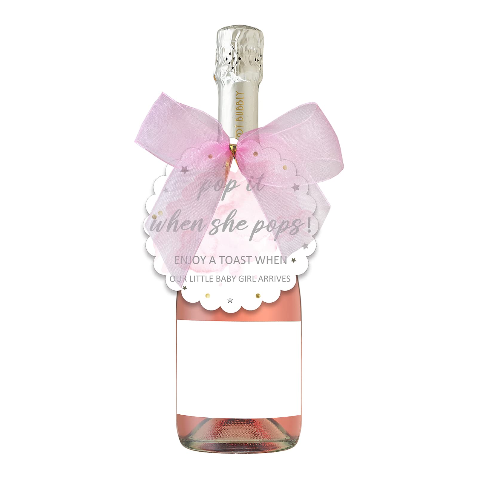 Miatoi Pink Pop It When She Pops Baby Shower Bottle Tags, Pop The Bubbly When She Pops Tags, Girls’ Champagne Baby Shower Favor Label with Bows, MIT-XBFS-1