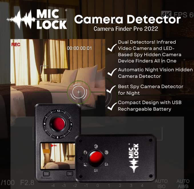 Mic-Lock Camera Finder Pro Black - Anti-Spy Hidden Camera Detector with Light Mode, Night Vision Mode, & Camera Finder Trainer