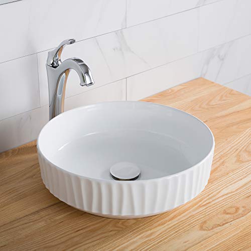 KRAUS Viva™ Round White Porcelain Ceramic Vessel Bathroom Sink with Pop-Up Drain, 15 3/4 in. D x 4 3/4 in. H, KCV-201GWH