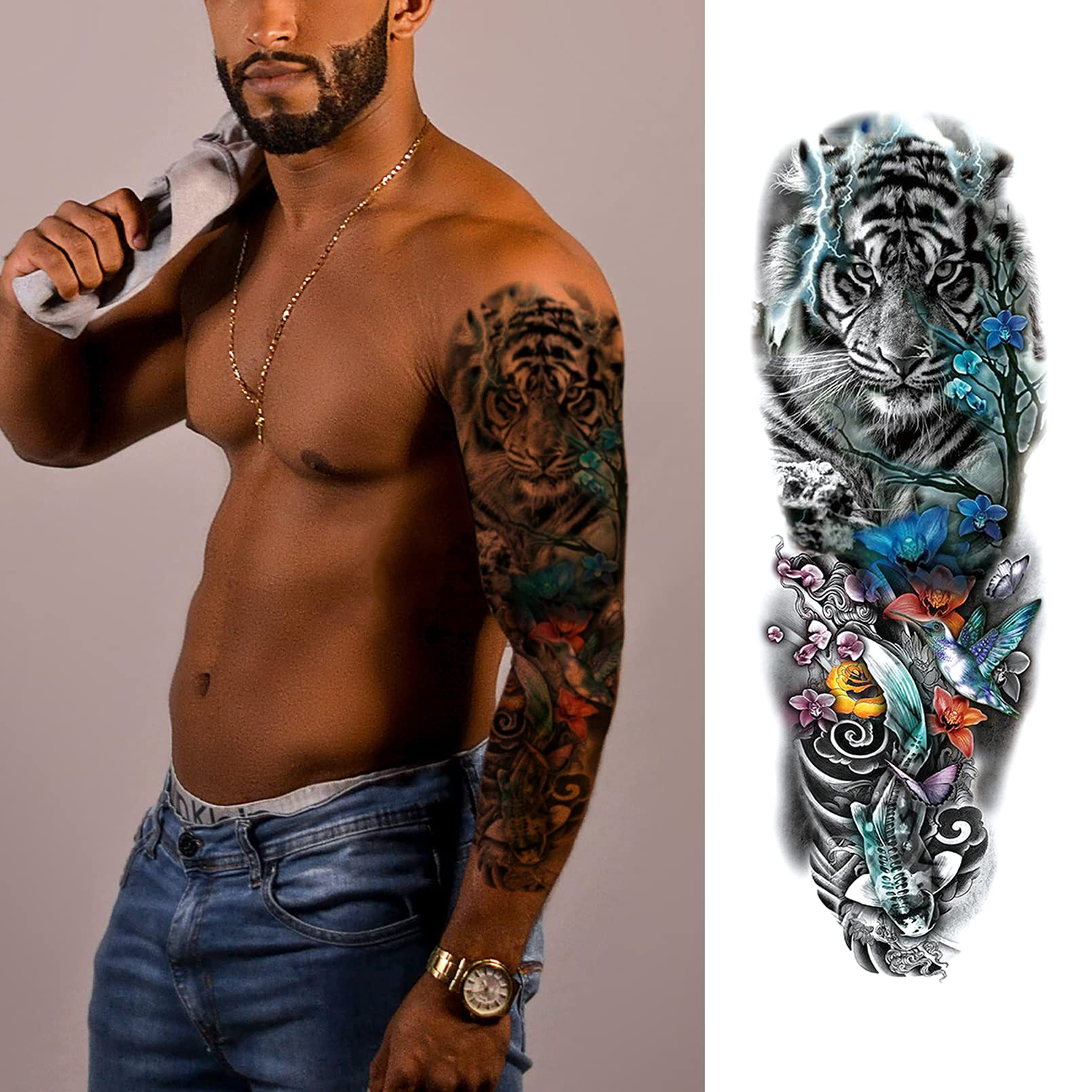 CUTELIILI Full arm temporary tattoo for Men,12sheets (L19“xW7”) Sleeve Tattoos temporary, Fake Tattoos That Look Real and Last long,Tiger Dragon Koi Evil Eyes