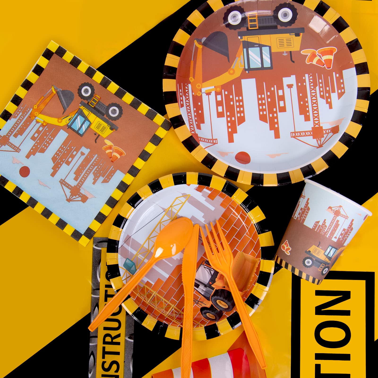 CUTEUP Construction Birthday Party Supplier - 259PCS Dump Truck Party Decorations Kits Set with Balloons, Tablecloth, Backdrop, Cake Toppers, Construction Theme Tableware Set for Kids - 16 Guest