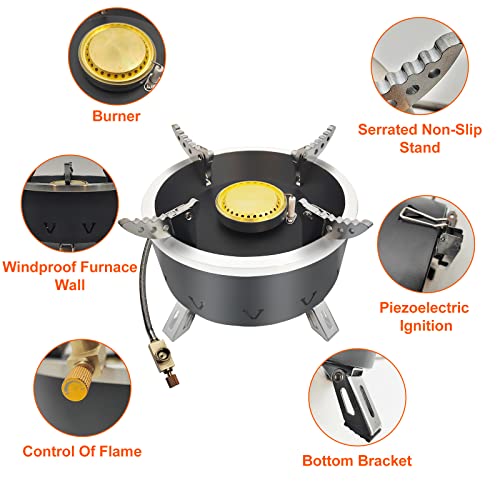 JooMoo Camping Stove Backpacking,10000W Windproof Portable Stove with Fuel Tank Adapter&Piezoelectric IgnitionFuel Tank Adapter, Lightweight Camping Accessories For Outdoor Camping, BBQ, Hiking(Grey)