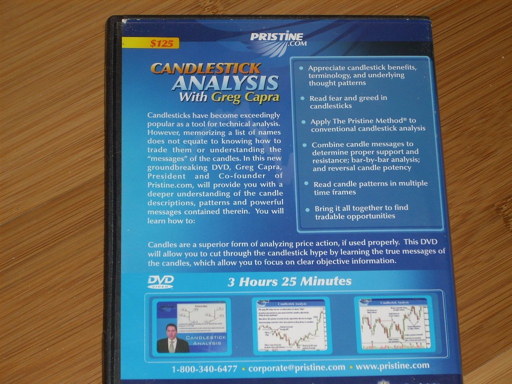 CANDLESTICK ANALYSIS with Greg Capra (dvd) 3 hours 25 minutes. This DVD will allow you to cut through the candlestick hype by learning the true mesages of the candles, which allow you to focus on clear objective information. (2005)