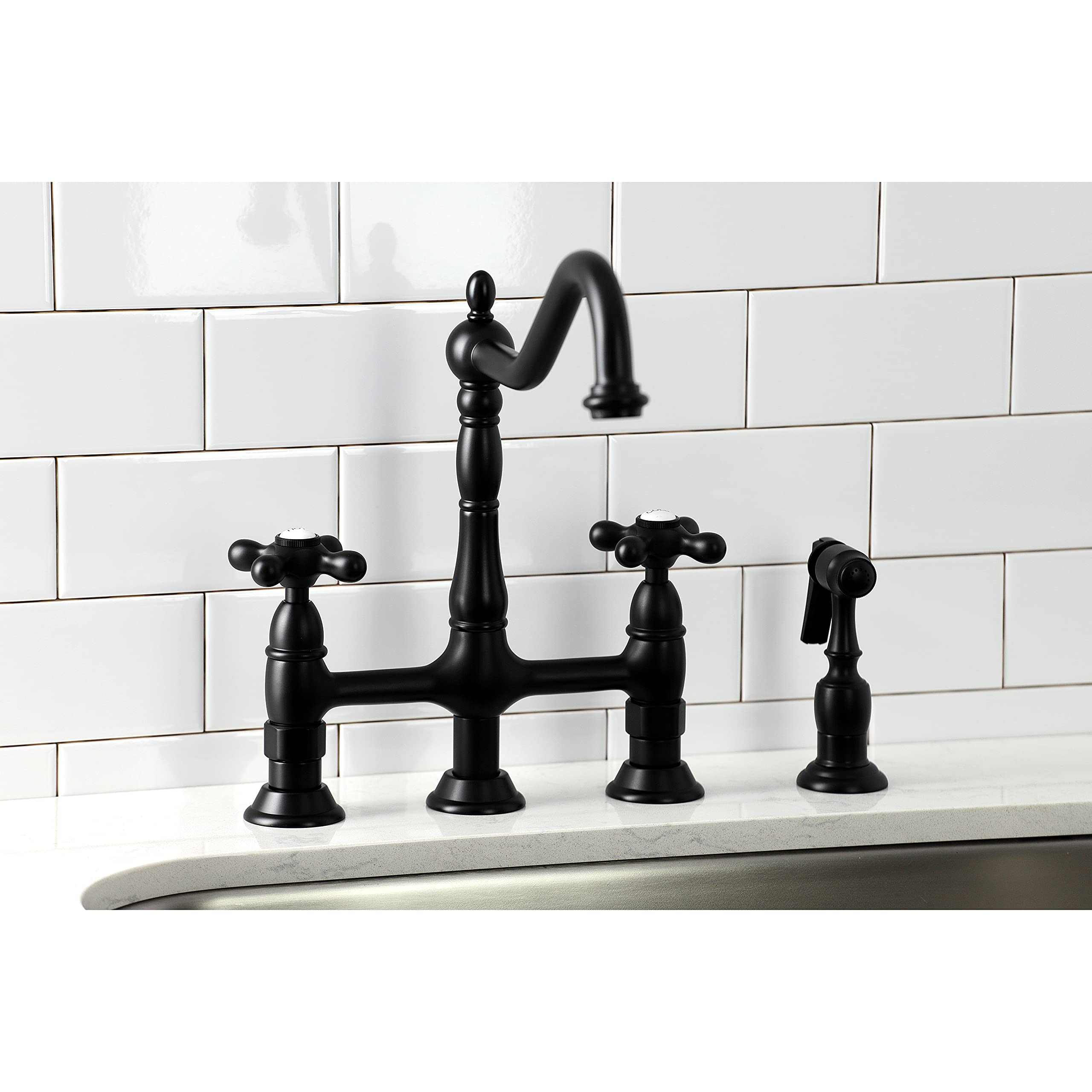 Kingston Brass KS1270AXBS Heritage Bridge Kitchen Faucet, 8-9/16" in Spout Reach, Matte Black