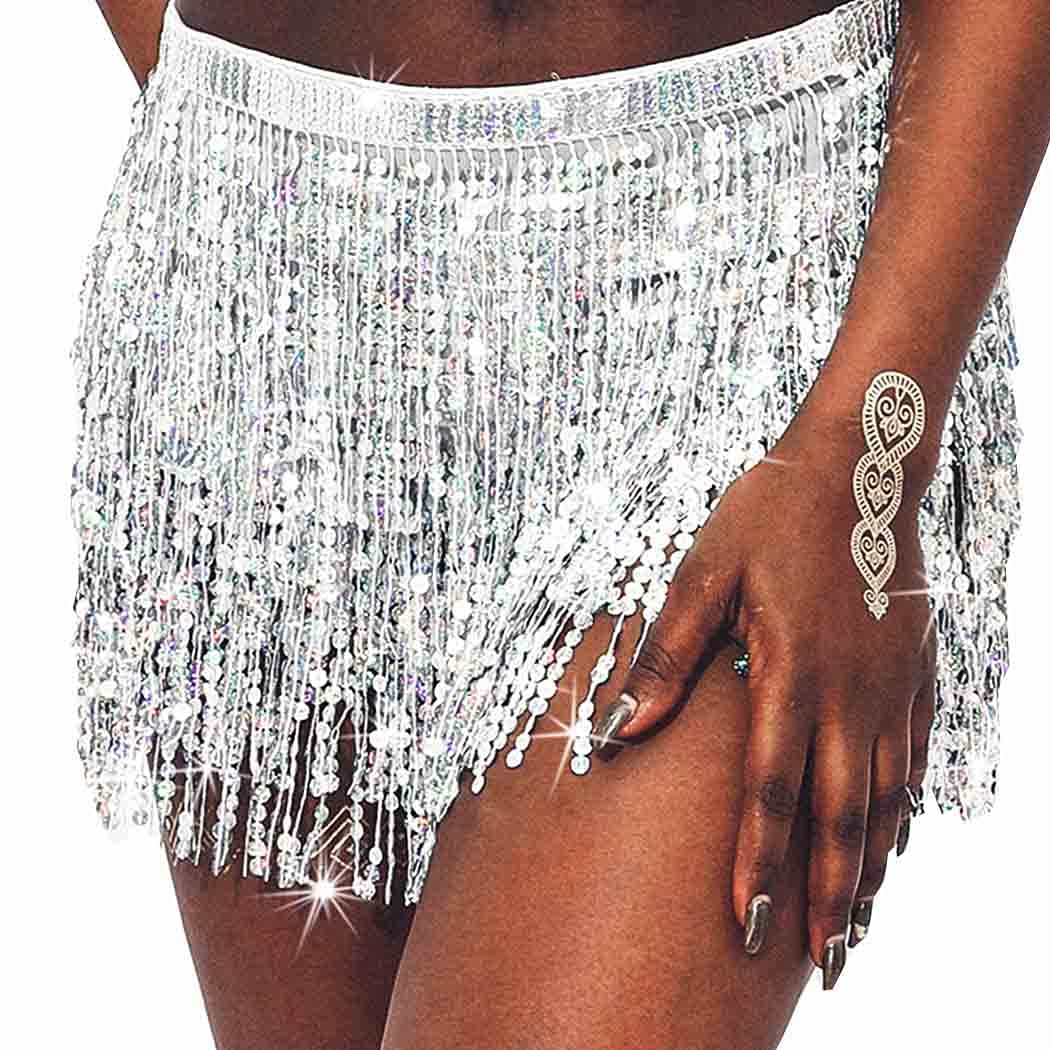 CASDRE Sequin Tassel Dance Skirt Performance Outfits for Women and Girls(Silver)