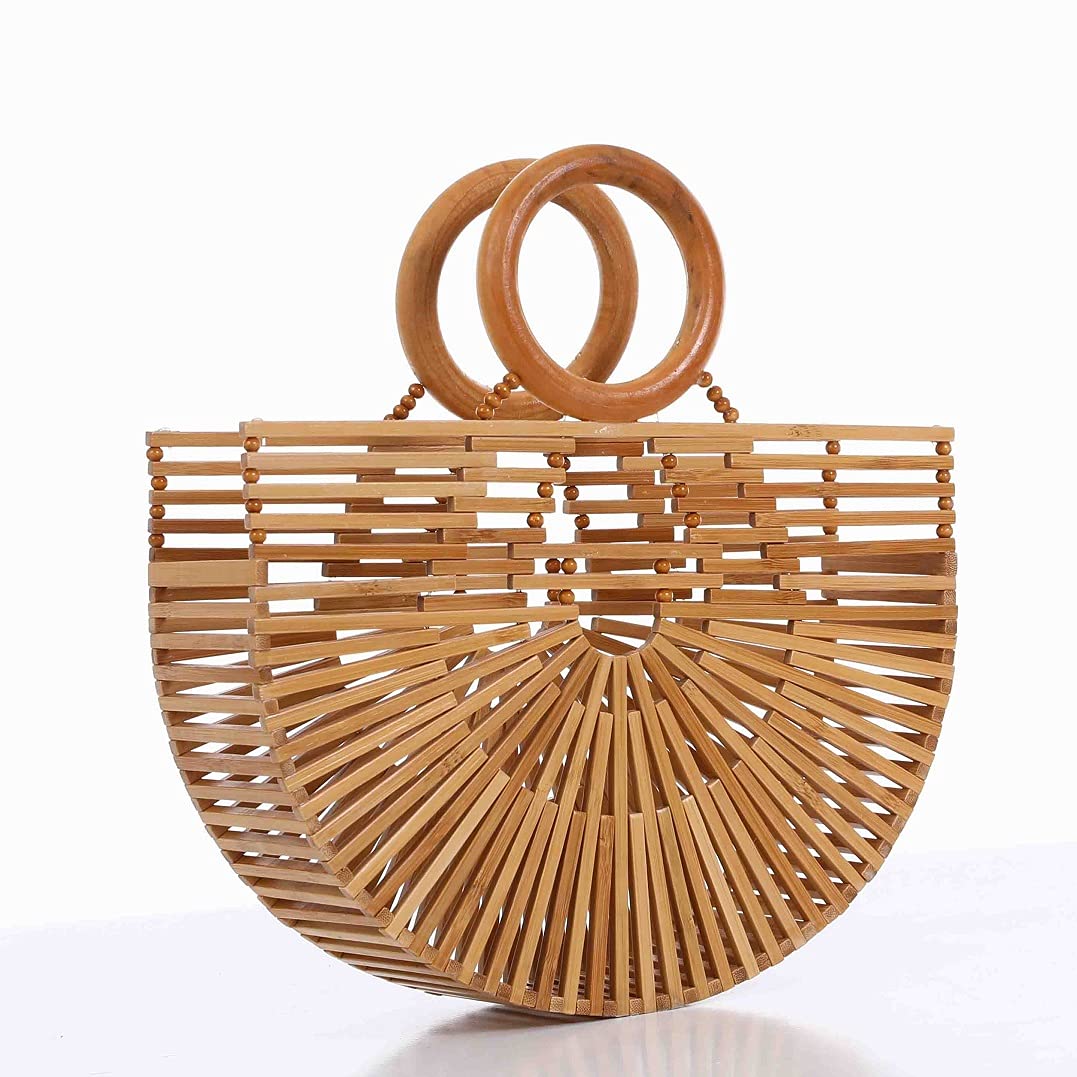RULER TRUTH Womens Bamboo Handbag Straw Purse With Ring Handle Handwoven Straw Tote for summer Beach