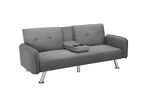 ERDAYE Folding Modern Futon Sofa Loveseat Convertible Sleeper Couch Bed for Living Room Apartment Small Space Furniture Sets with 2 Cup Holders,Metal Legs, Removable Soft Square Armrest,Light Gray