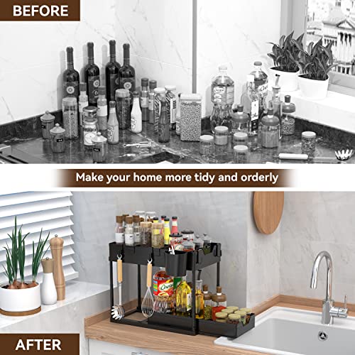 GAOLINE 2 Pack 2 Tier Under Sink Organizers and Storage with 8 Hooks, 4 Long Bulkheads, 4 Short Bulkheads & 2 Hanging Cups, Double Sliding Drawers Cabinet Basket Organizer, Up to 15 inches High, Black