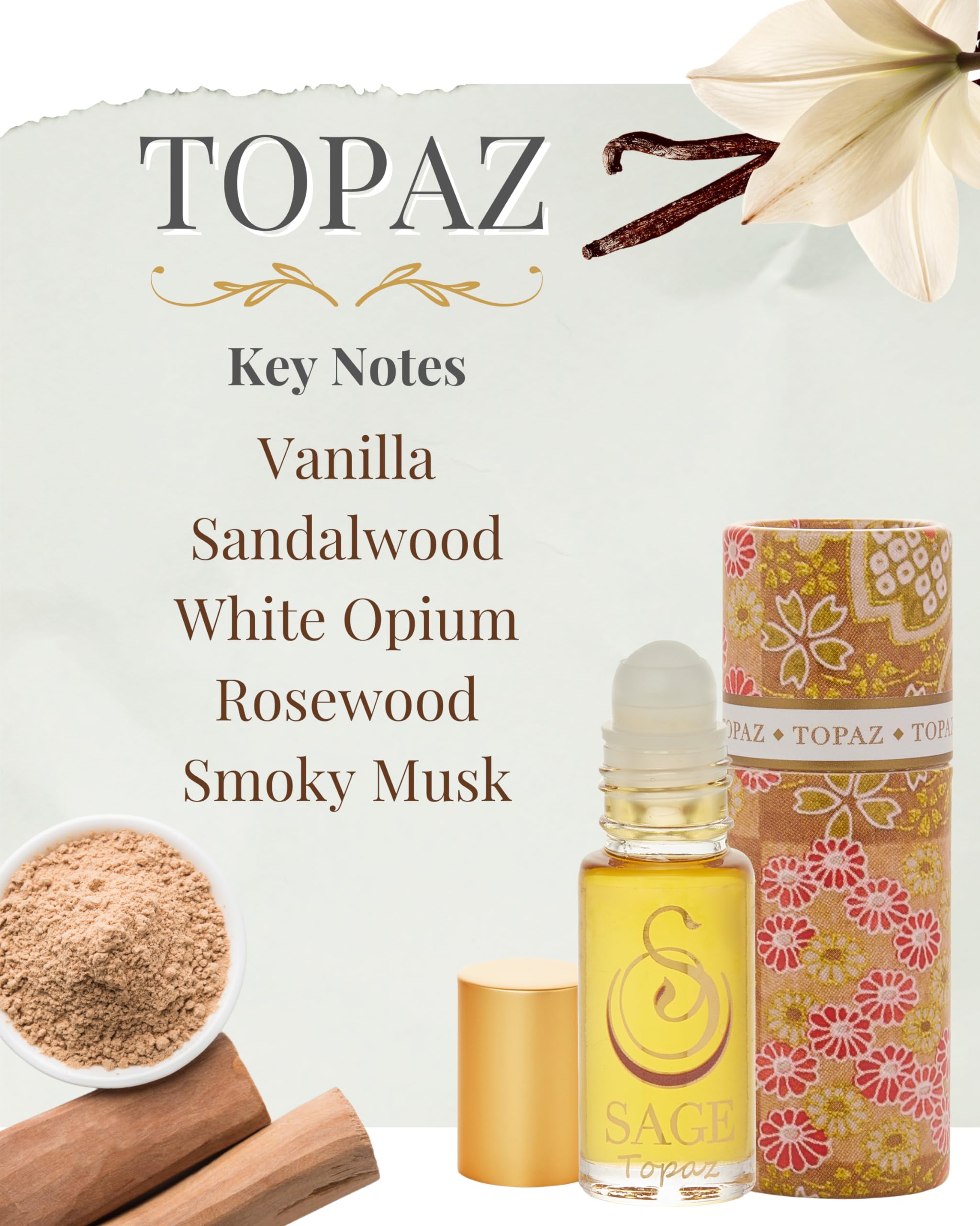 Topaz Perfume Oil Roll-On by Sage- 1/8 oz, Vegan & Cruelty-Free, Gourmand Scent, Vanilla, Sandalwood
