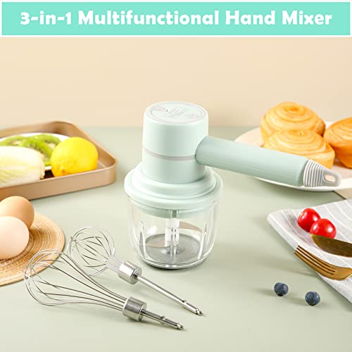 NAYAHOSE Hand Mixer Electric Garlic Chopper Egg Beater, Cordless Handheld Food Processor with 300ML Glass Container, 3 Speed Adjustable, USB Rechargeable Electric Whisk for Cooking Baking