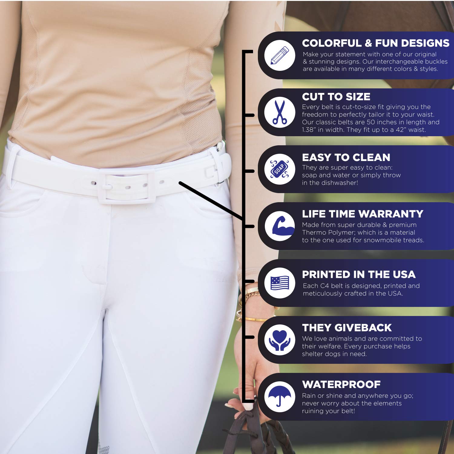 C4 Equestrian Belt: Black Bits n Pieces Strap with White Buckle - Equestrian Horseback Riding Belt for Women