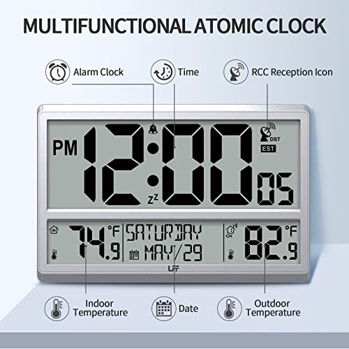 LFF Atomic Clock 4.5" Numbers, Atomic Wall Clock with Indoor & Outdoor Temperature,Never Needs Setting, Battery Operated, Date, Time, Wireless Outdoor Sensor, Jumbo Display Easy to Read