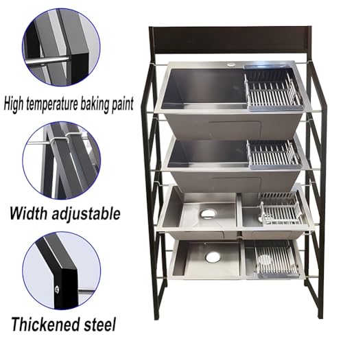 GRRICEPL Washing Hand Basin Display Rack, Kitchen Sink Commercial Shelves, Adjustable Width Universal Wheel Storage Rack,360° Swivel with Universal Wheels